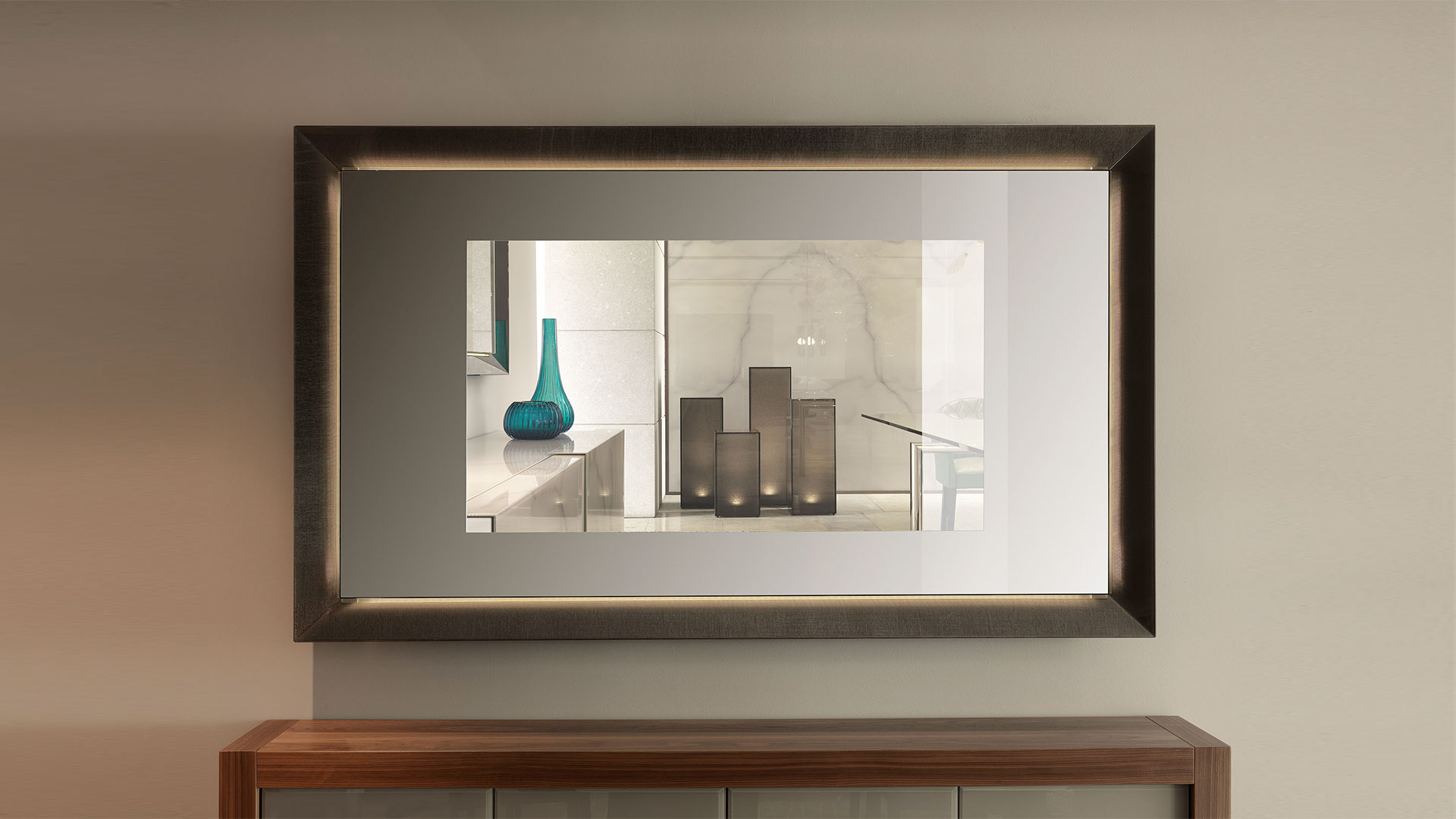 PRISMA Wall-mounted retractable mirrored glass TV cabinet By Reflex