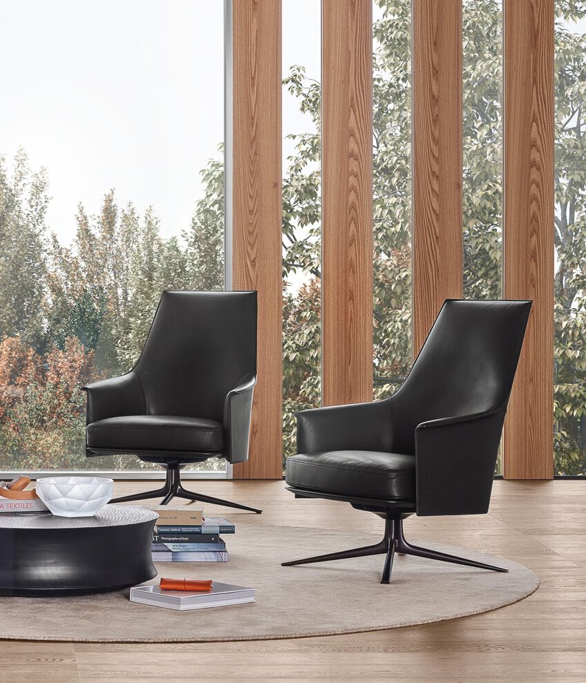 STANFORD LOUNGE Swivel leather armchair with 4-spoke base with armrests ...