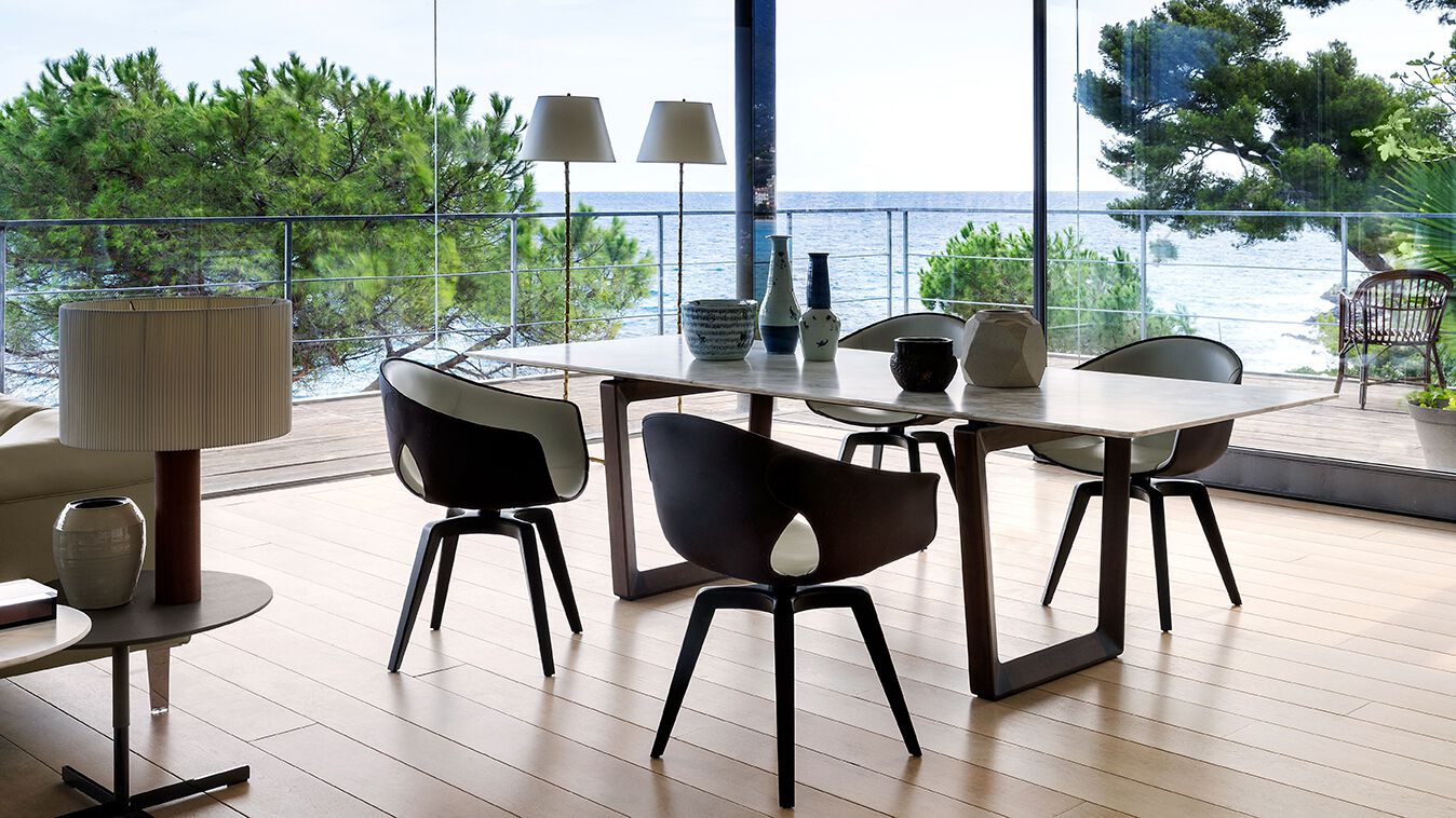 GINGER Swivel trestle-based tanned leather chair with armrests By ...