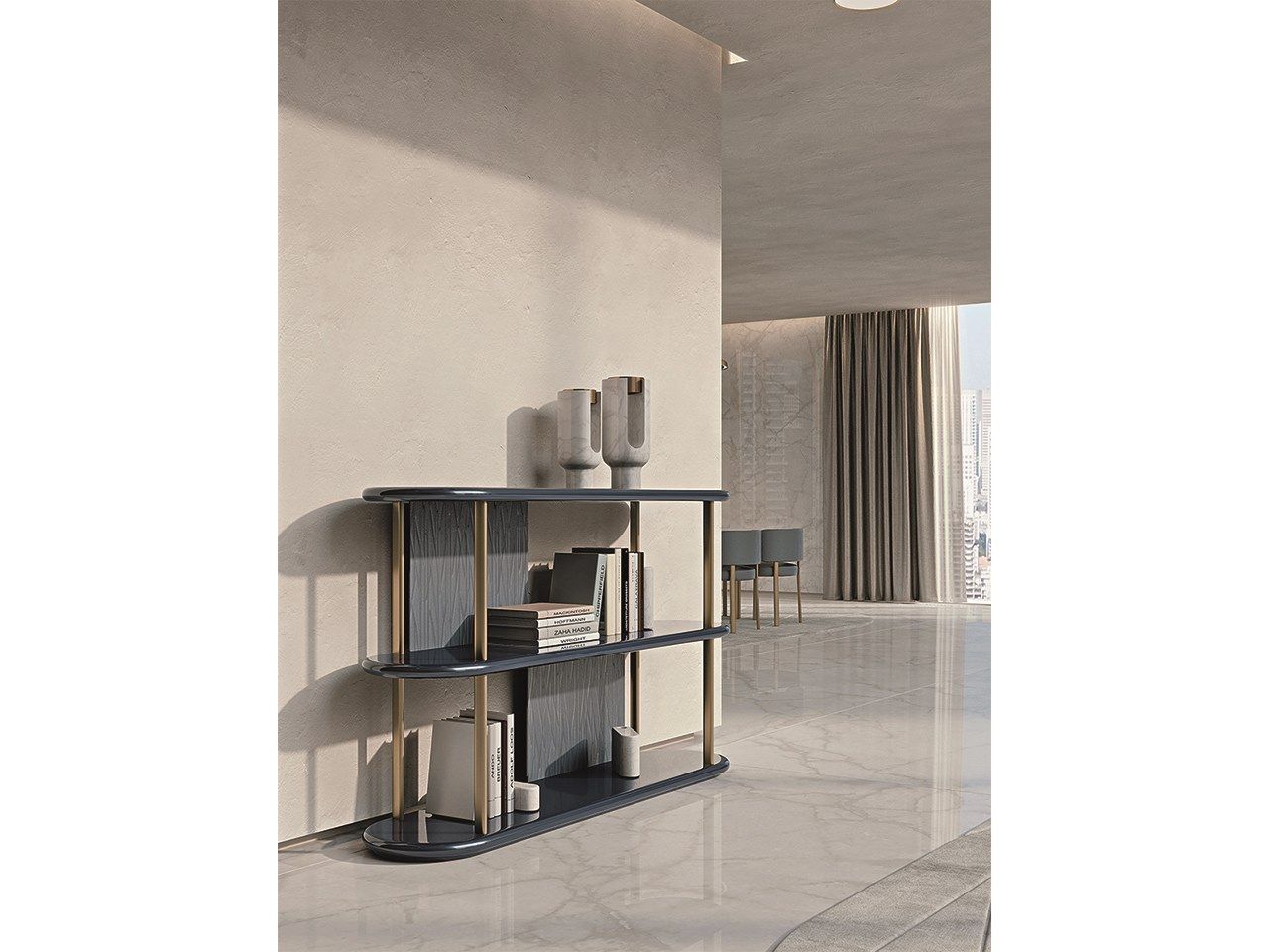 ROMA Open wooden and leather bookcase By Turri | design Monica Armani