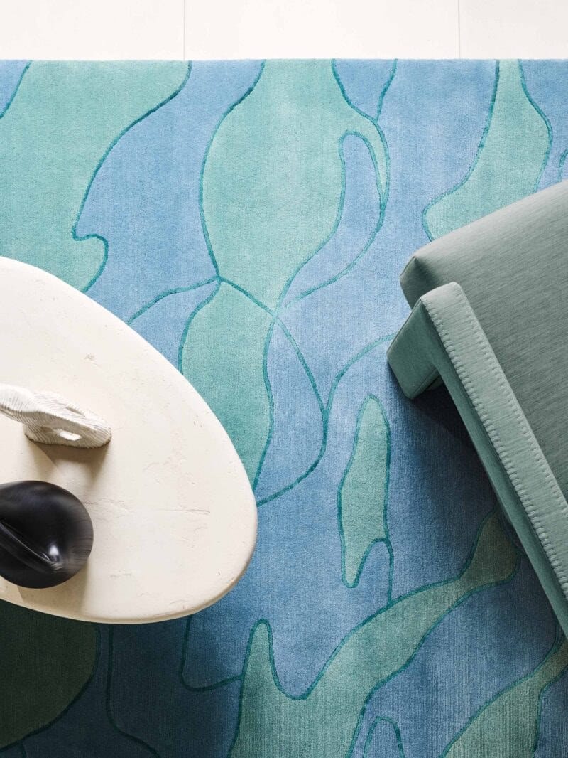 ALL AT SEA Hand knotted rug in wool and silk By Deirdre Dyson