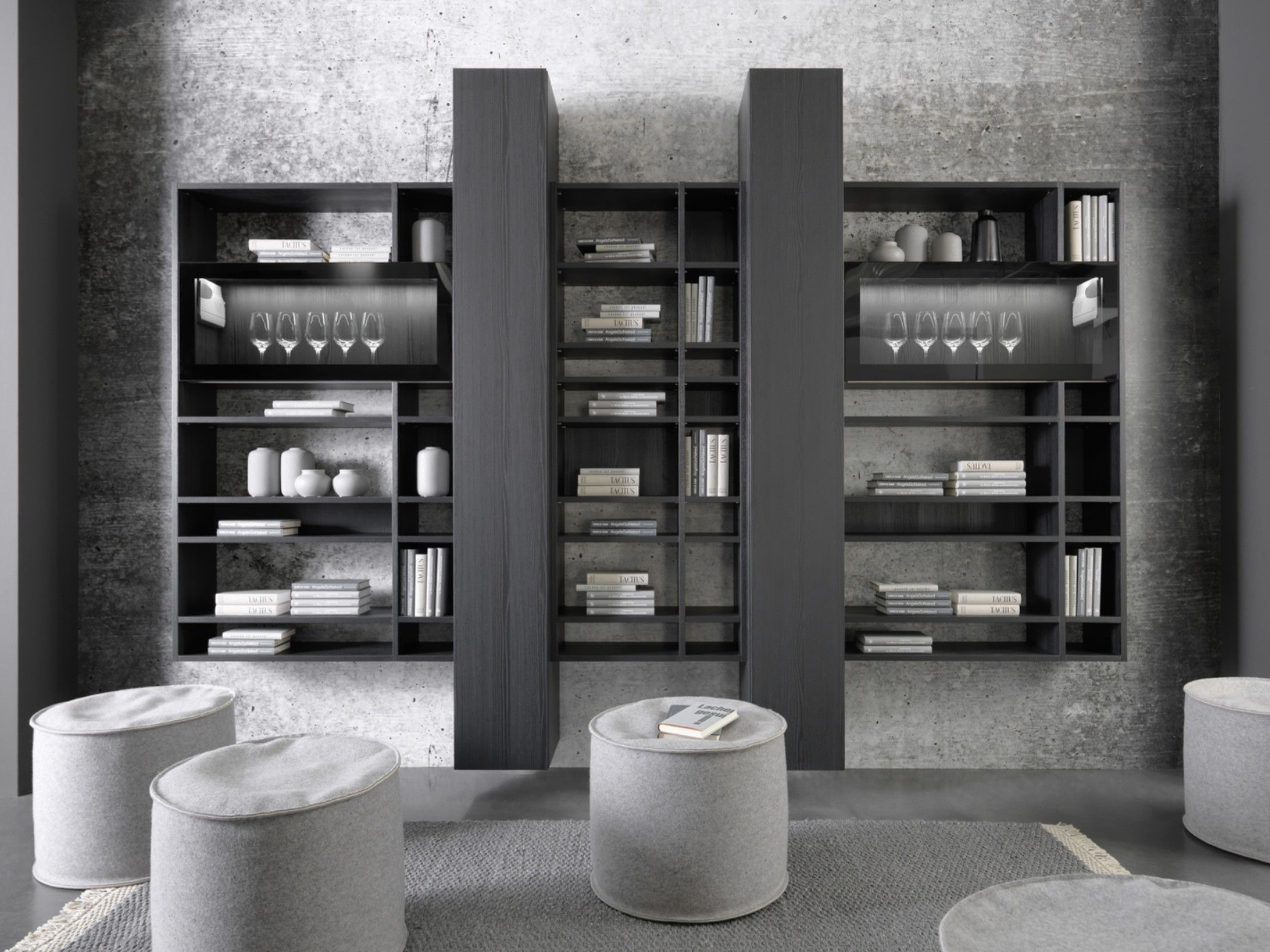 SHELF UNIT Wall-mounted wood and glass storage wall By rational