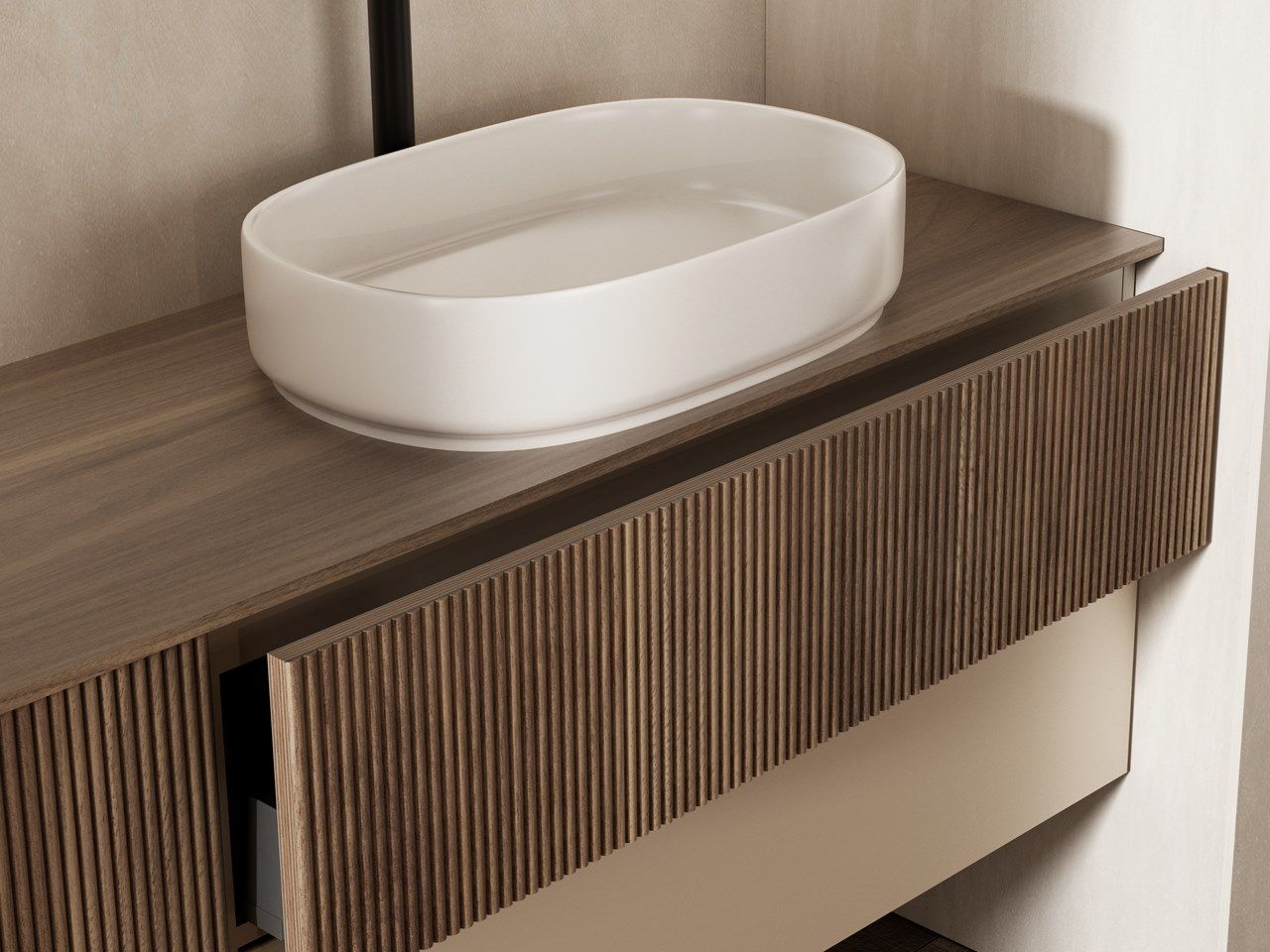 Single wall-mounted walnut vanity unit with integrated washbasin ...