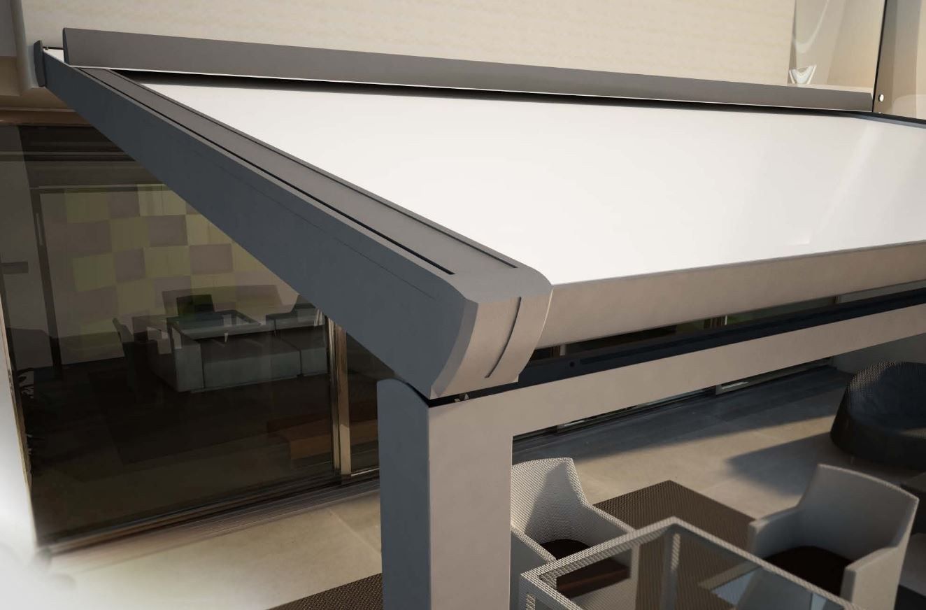 SINTESI Wall-mounted PVC pergola with sliding cover By HELLA