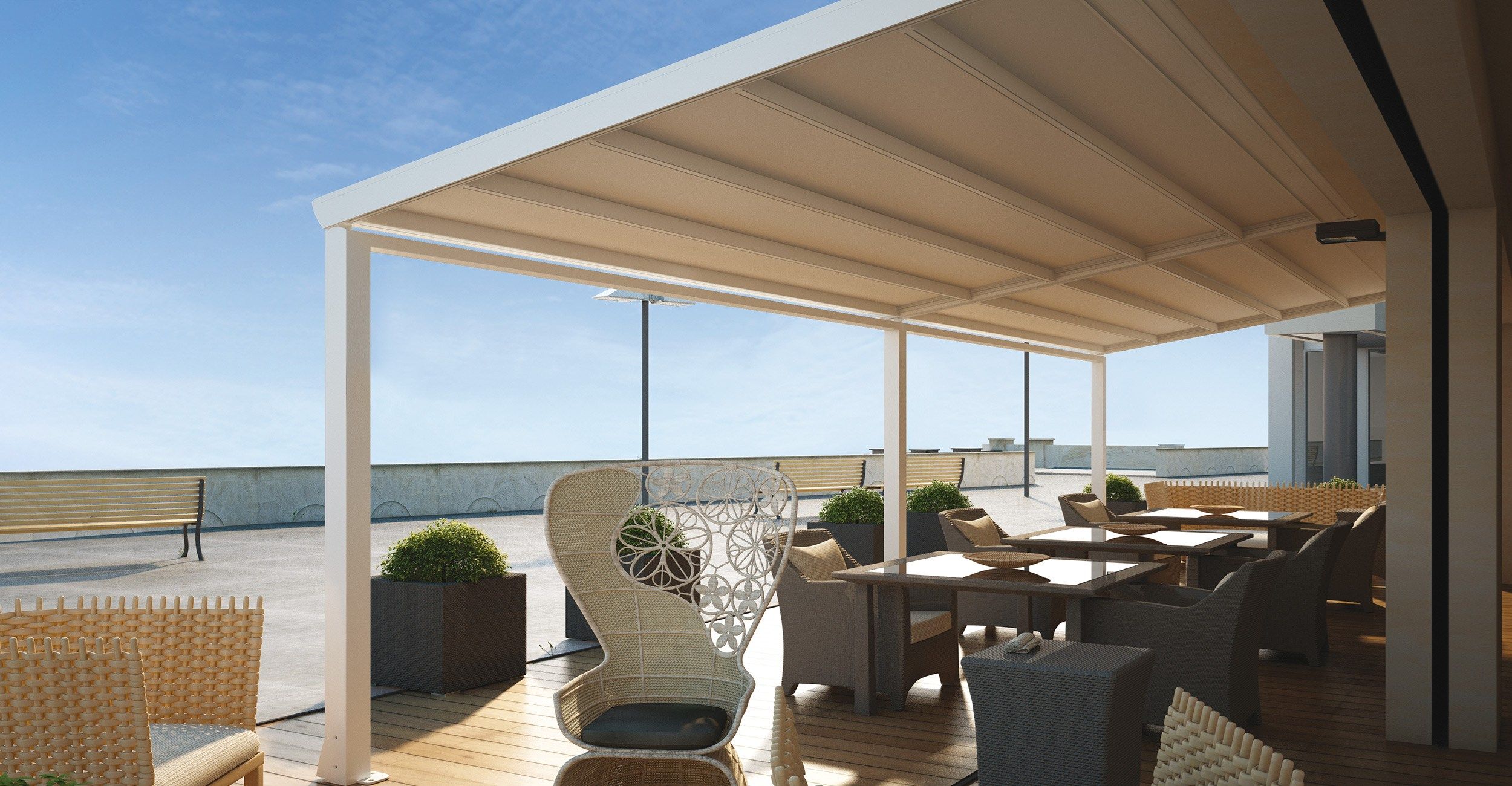 SINTESI Wall-mounted PVC pergola with sliding cover By HELLA