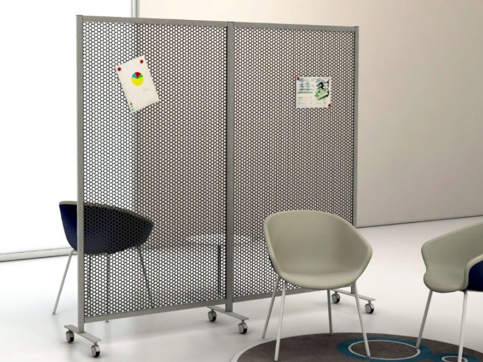 Mobile metal office screen with casters SLIM FLOOR MICROPERFORATED By ...