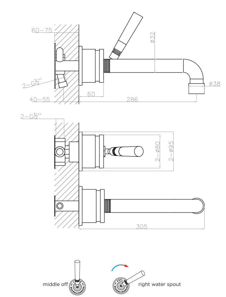 SOHO WALL BASIN MIXER 2 hole wall-mounted stainless steel washbasin ...
