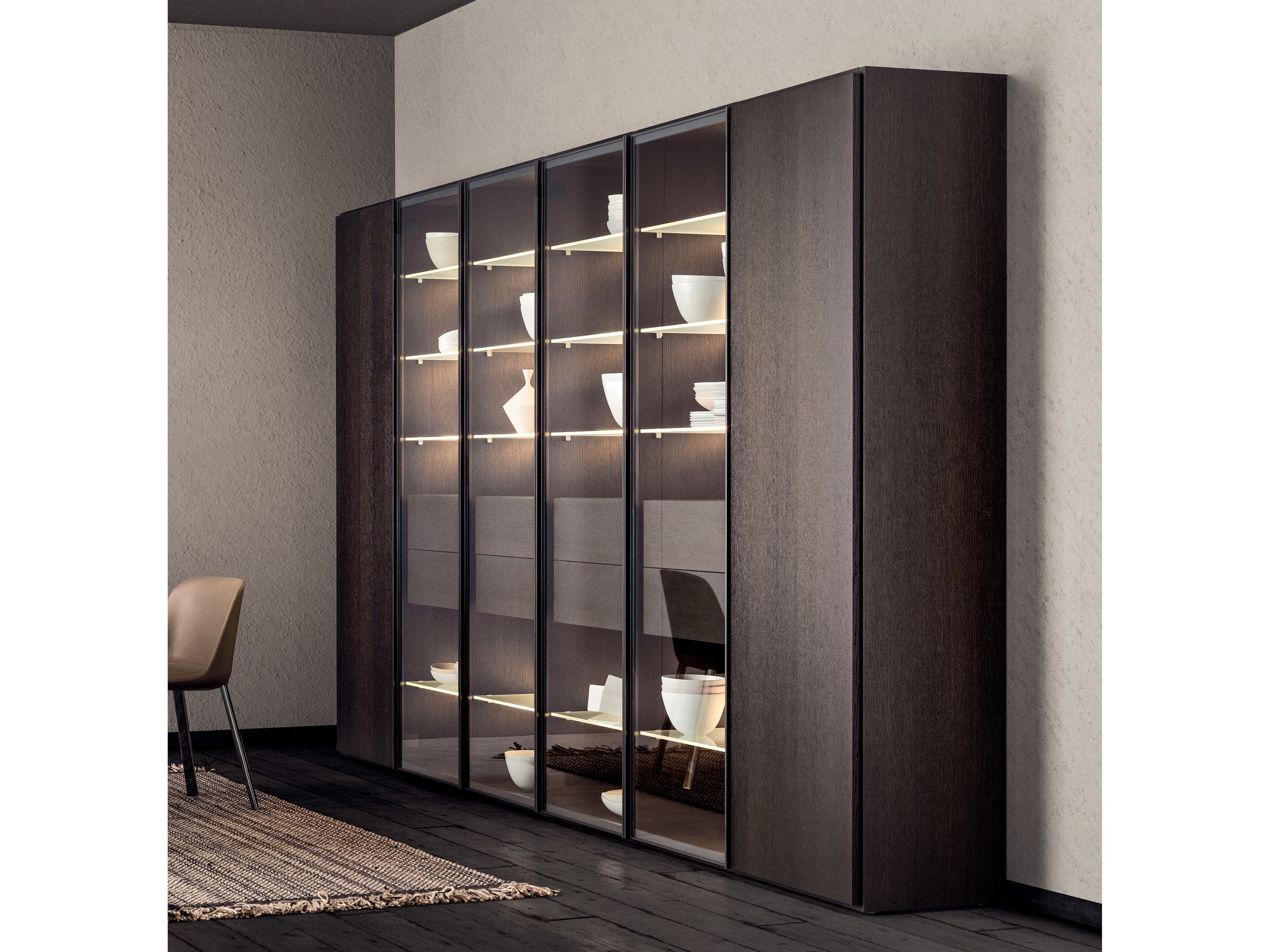 SPAZIOTECA Sectional wood and glass bookcase with drawers By Pianca