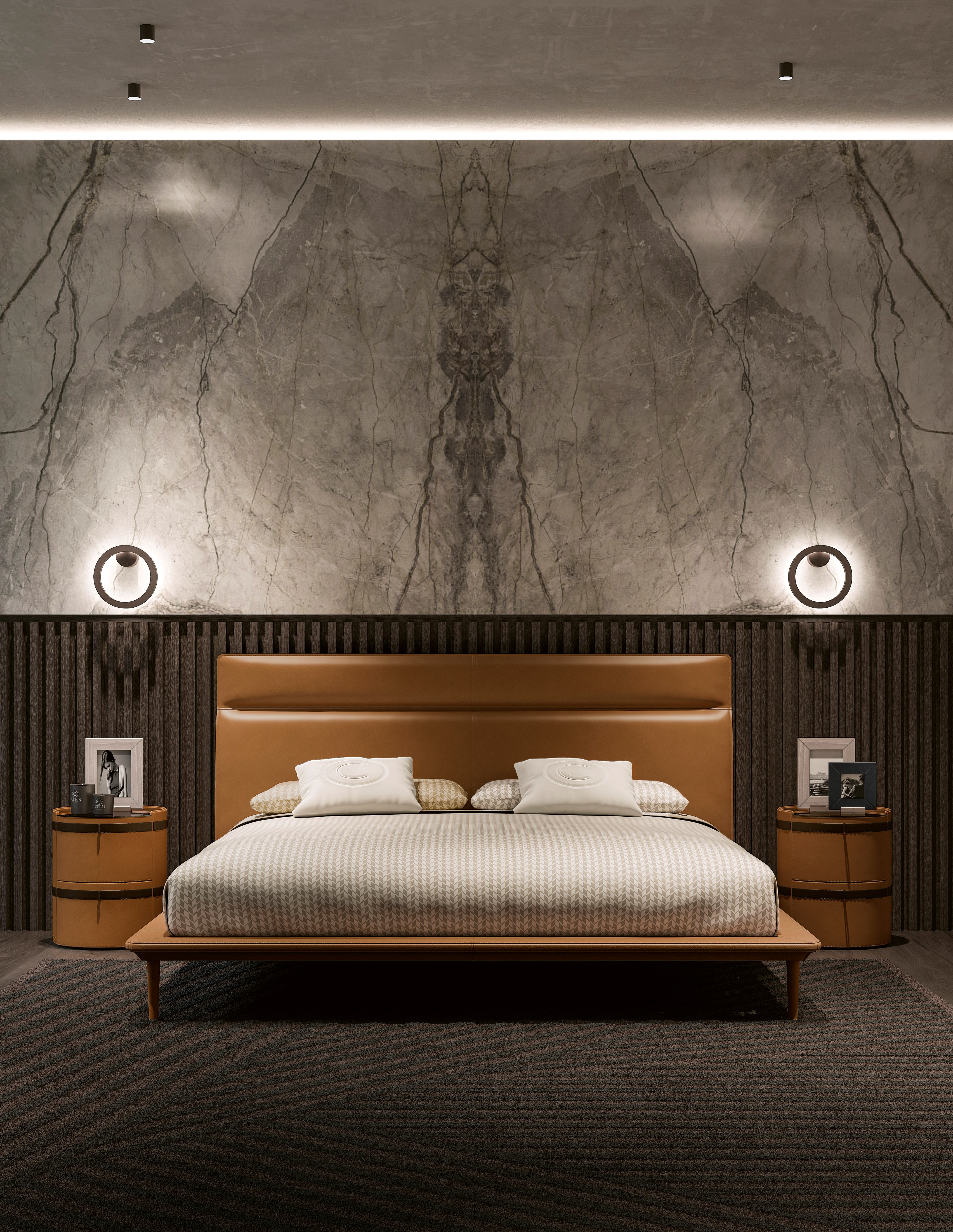 STARLIGHT Tanned leather double bed with upholstered headboard By CPRN ...