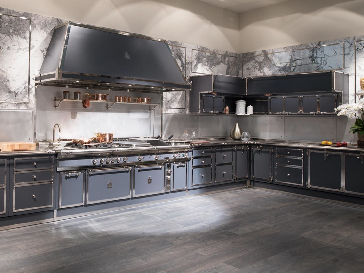 Linear professional custom steel kitchen STEEL BLUE GREY & SATIN NICKEL ...
