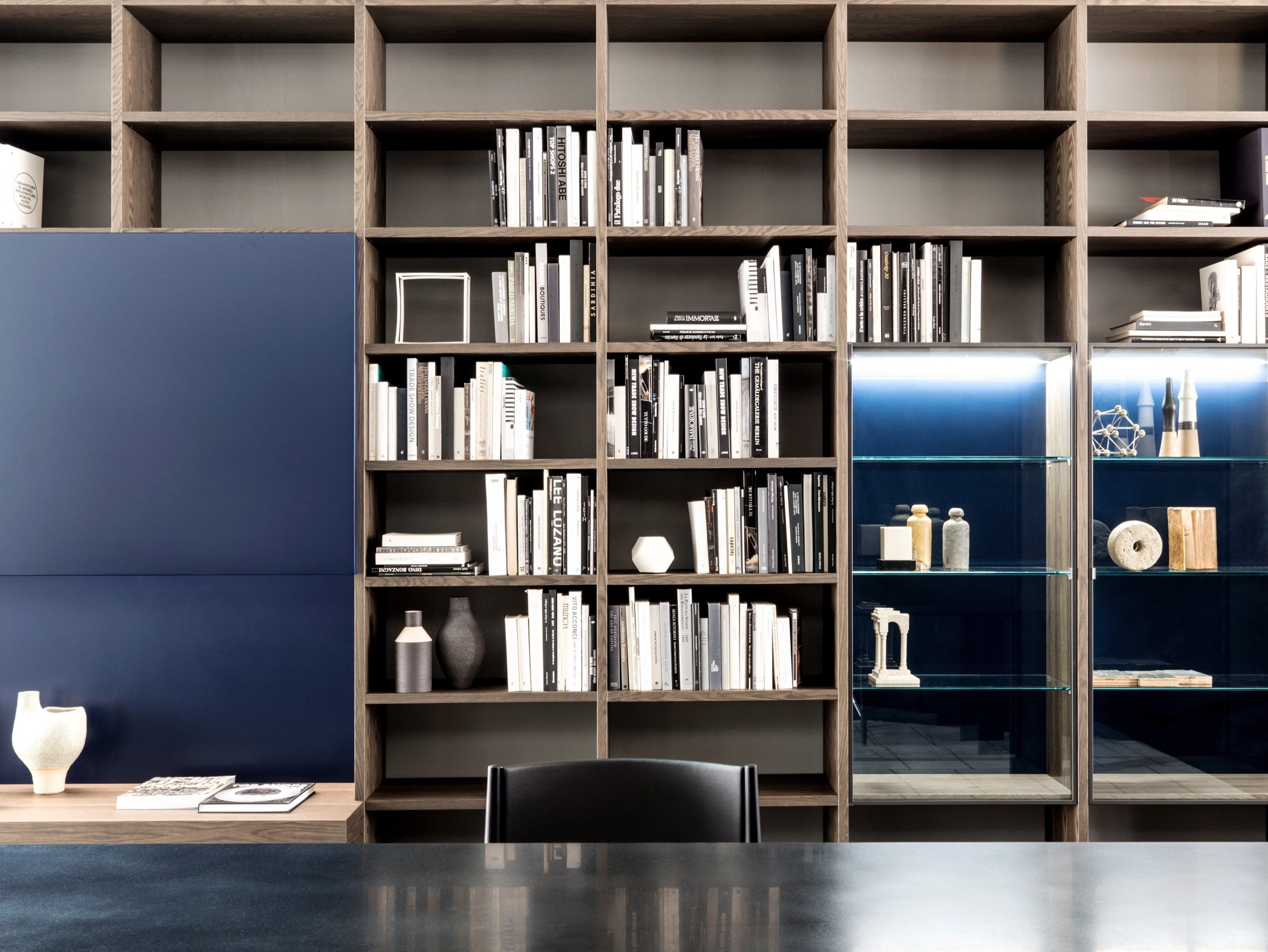 SYSTEM 2018 Wall-mounted walnut bookcase By Porro | design Piero Lissoni