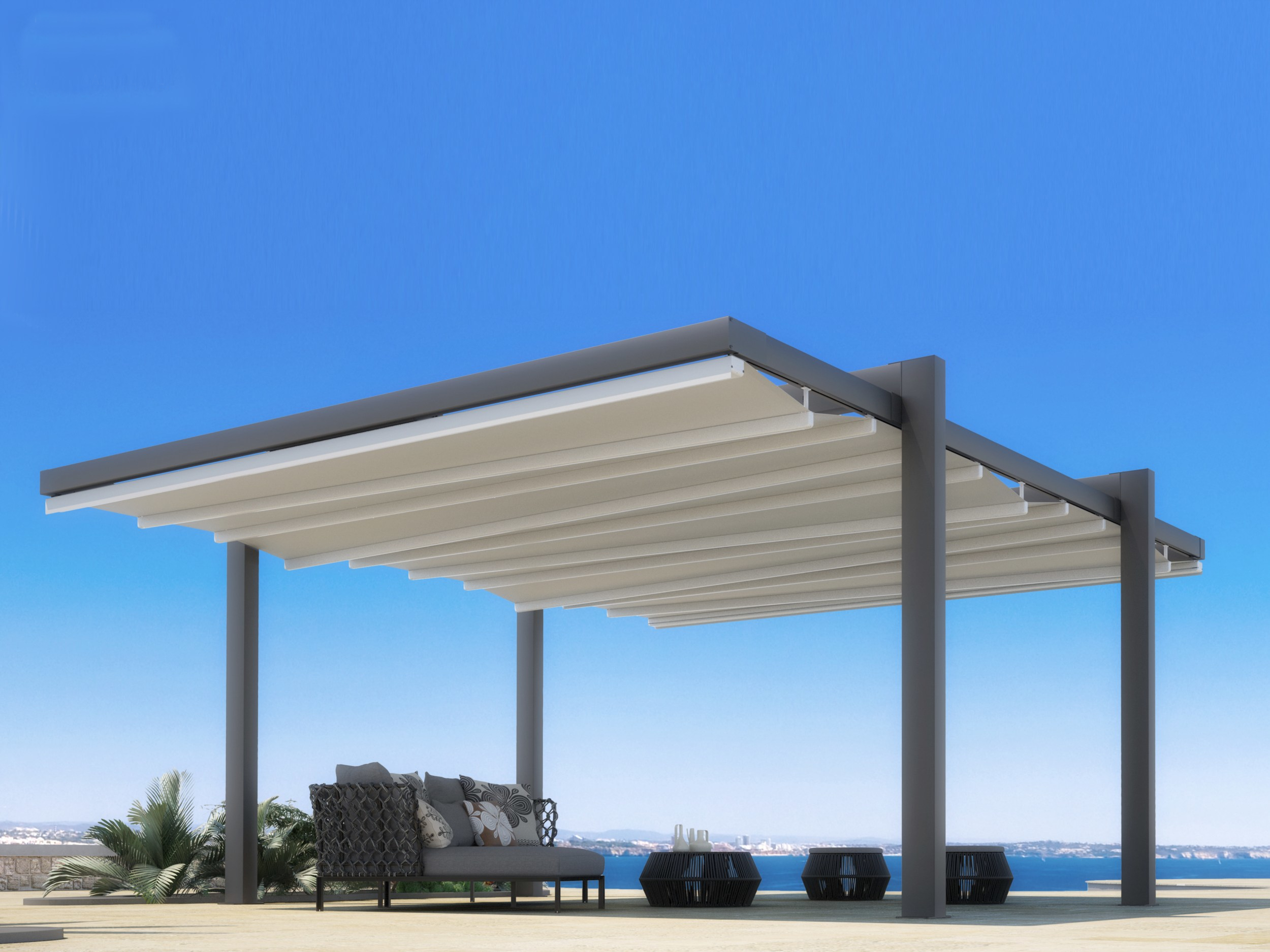 Aluminium pergola with sliding cover PHOENIX By PRATIC F.lli ORIOLI