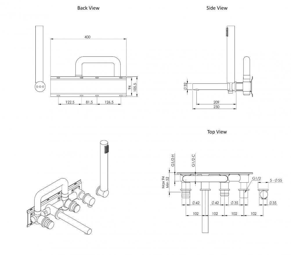 URBAN | 5 hole bathtub tap 5 hole wall-mounted bathtub set with hand ...