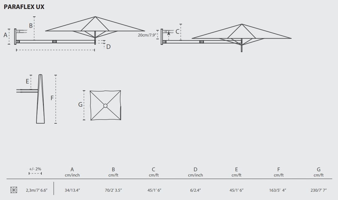 PARAFLEX UX Adjustable square wall-mounted Sunbrella® Garden umbrella ...