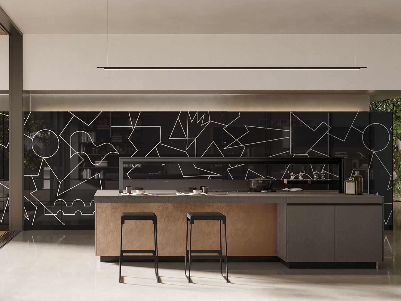 LOGICA CELATA VITRUM GLOSS WARM BLACK Glass kitchen without handles with island By Valcucine ...