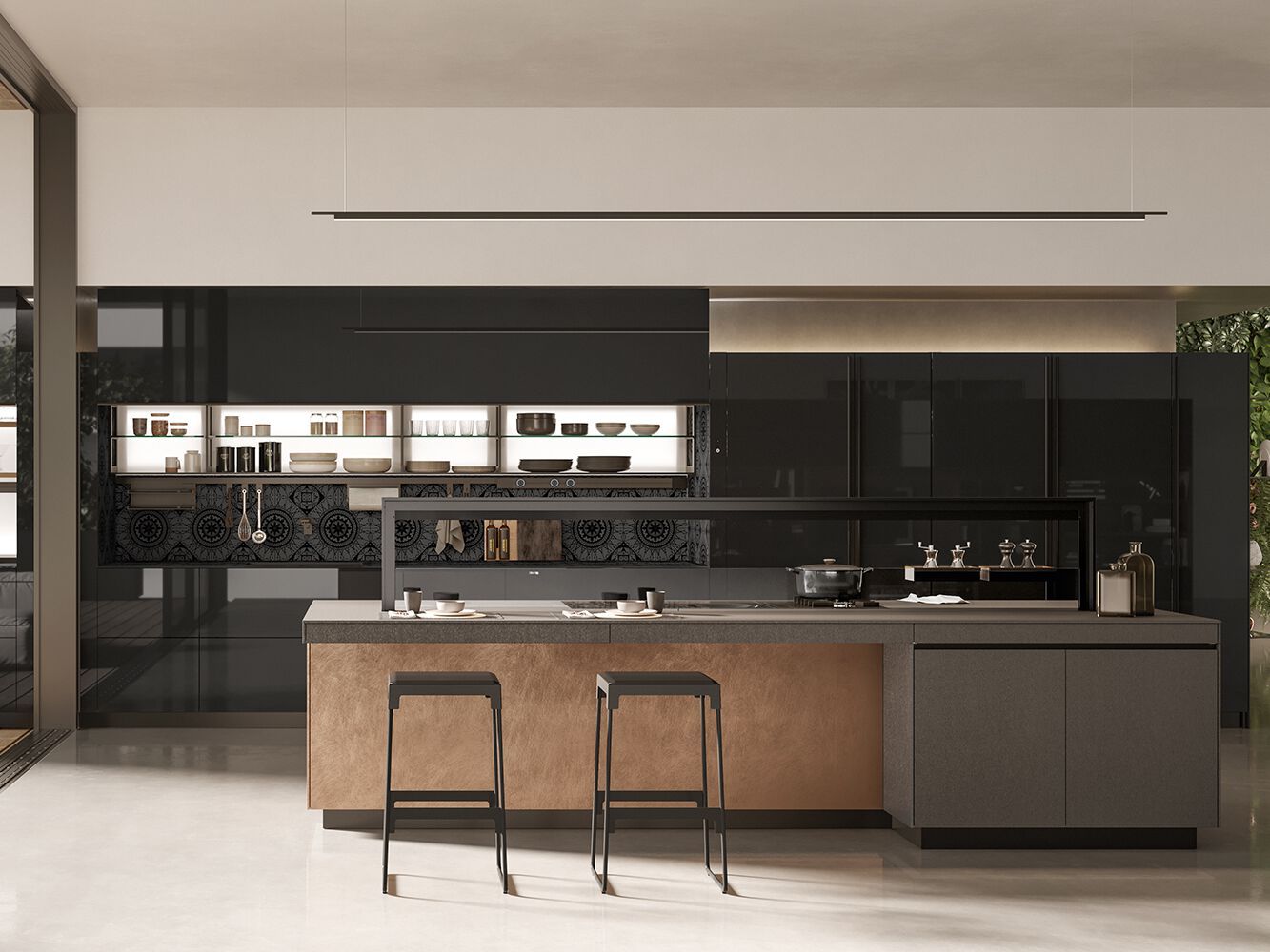 LOGICA CELATA VITRUM GLOSS WARM BLACK Glass kitchen without handles ...