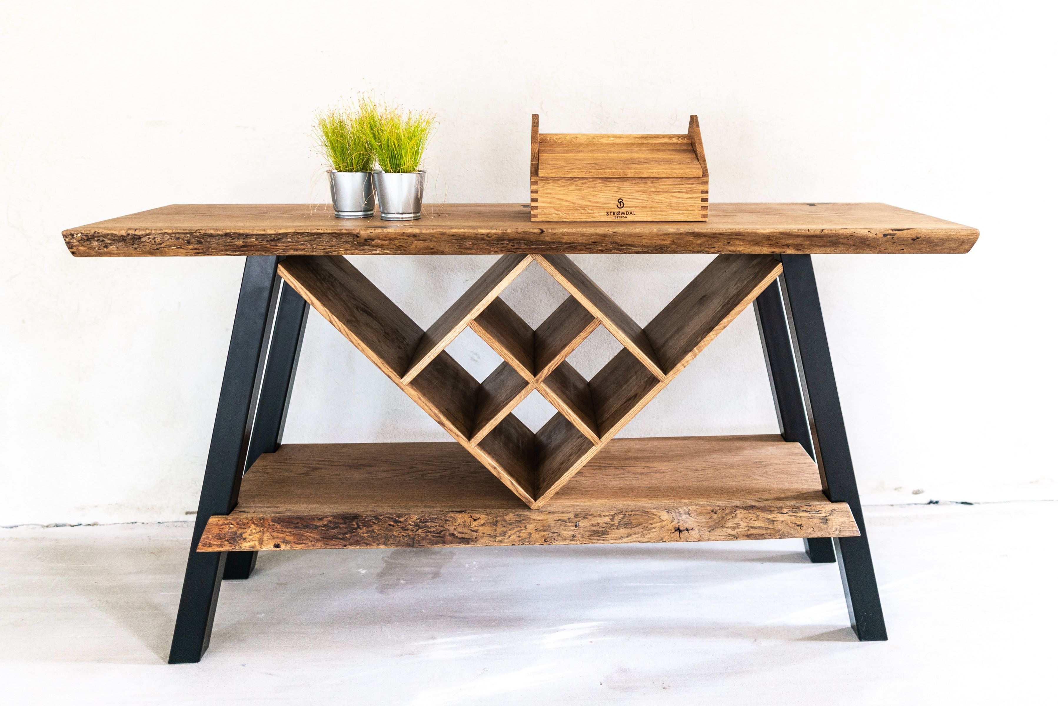 Rectangular oak console table with shelving WINE TABLE By Strømdal Design