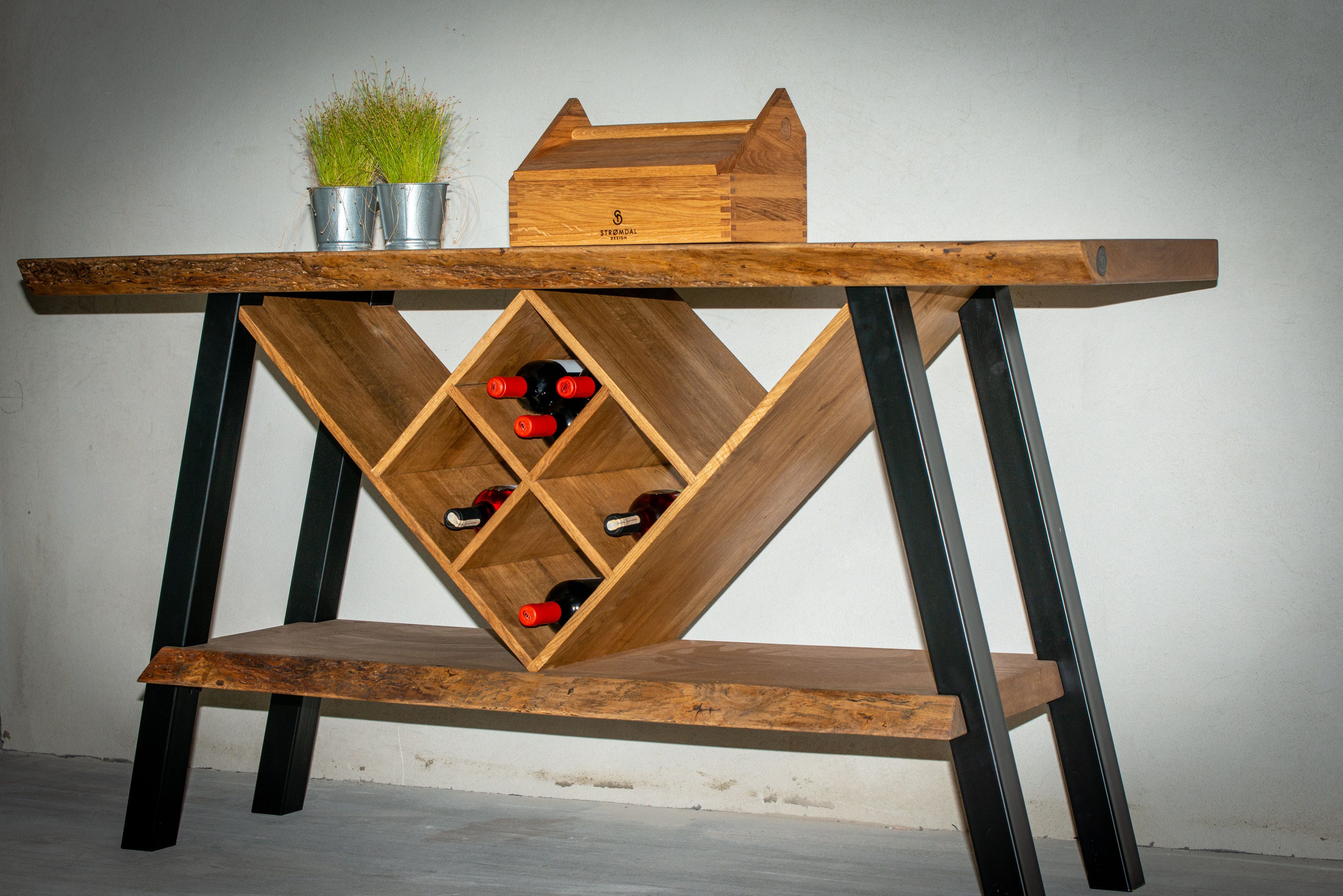 Rectangular oak console table with shelving WINE TABLE By Strømdal Design