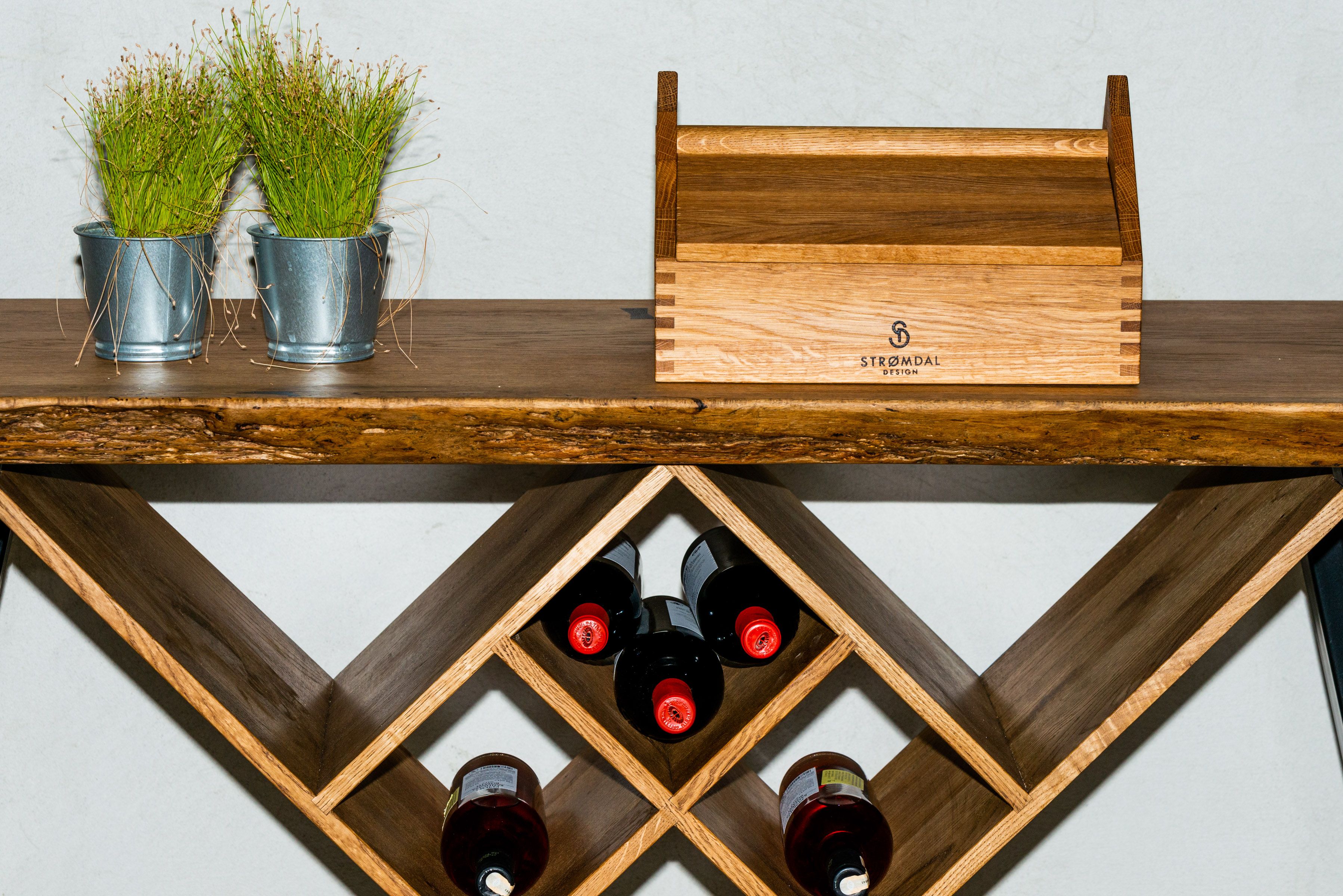 Rectangular oak console table with shelving WINE TABLE By Strømdal Design