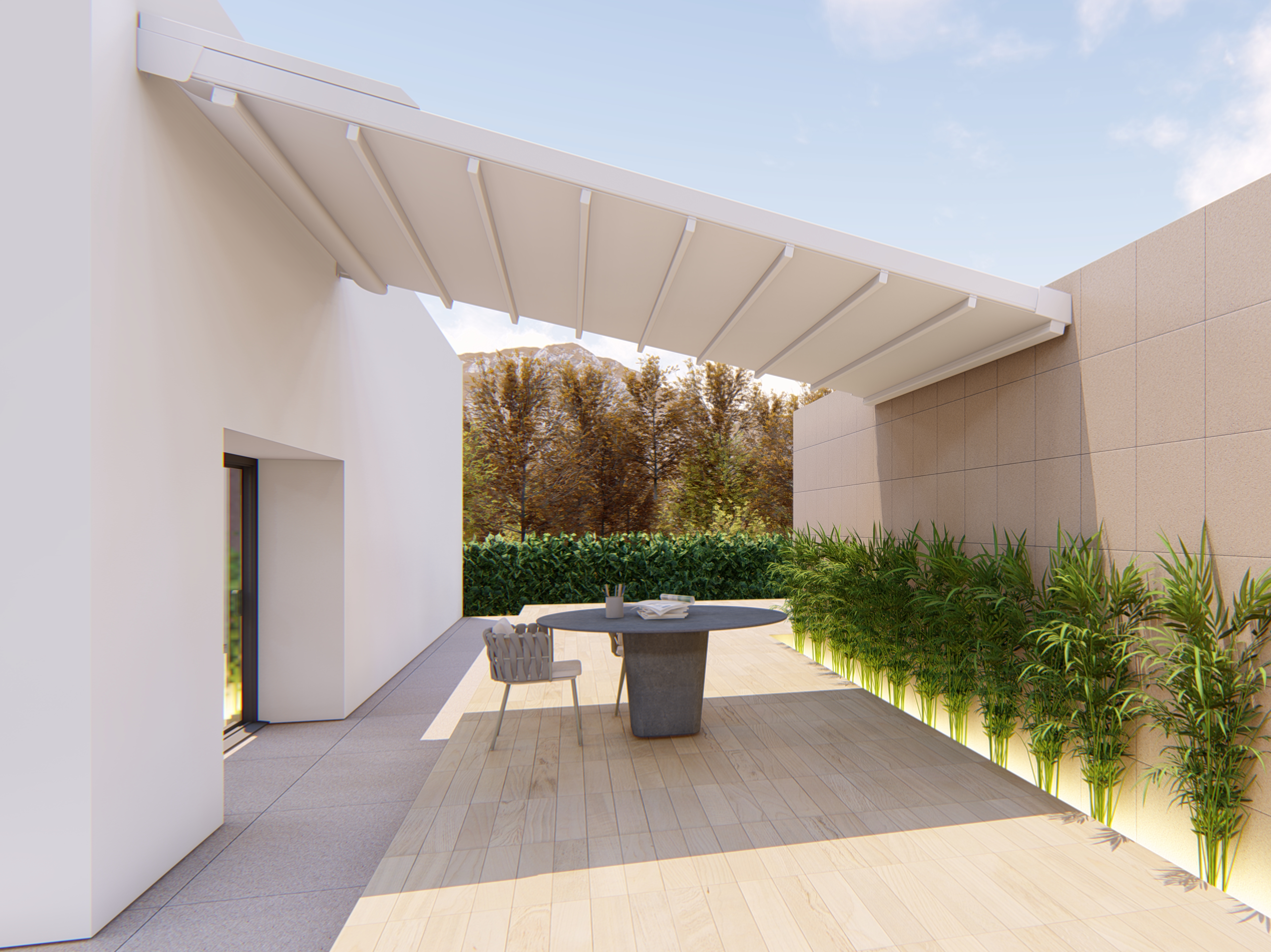 ALBORI WING Wall-mounted motorized aluminium and PVC pergola By RGM
