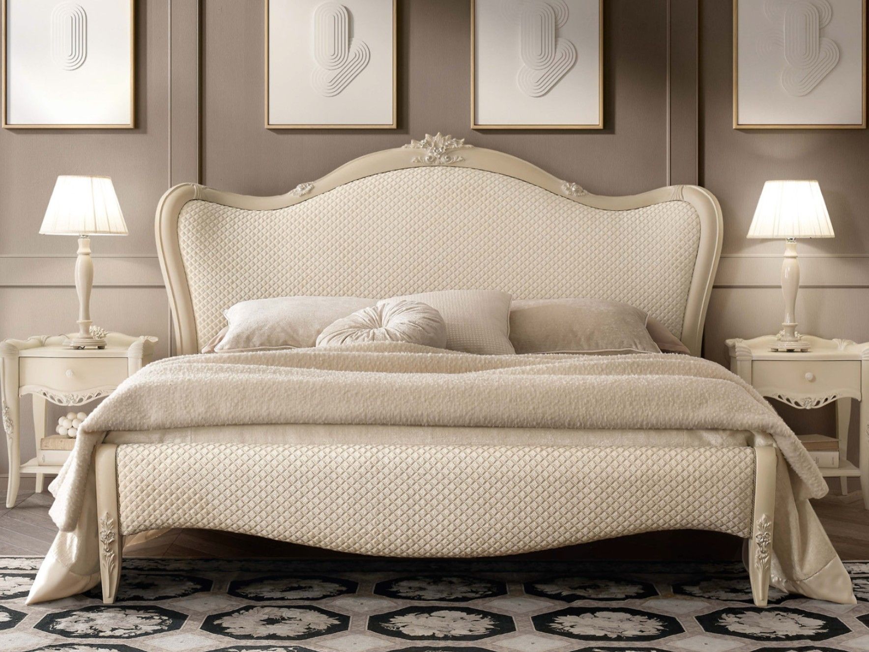 BOBOLI Wooden double bed with upholstered headboard By Barnini Oseo