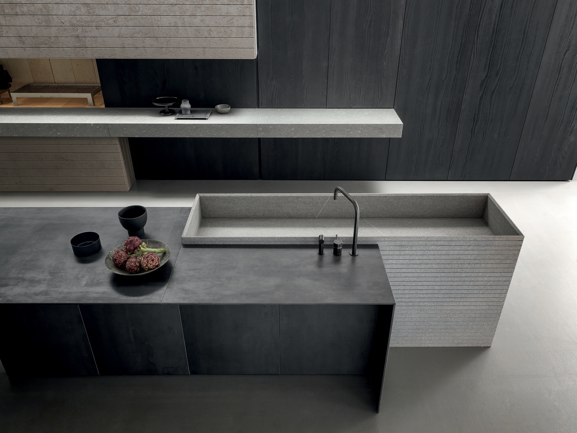 BLADE Linear stone, black stoneware and cedar kitchen with island By ...