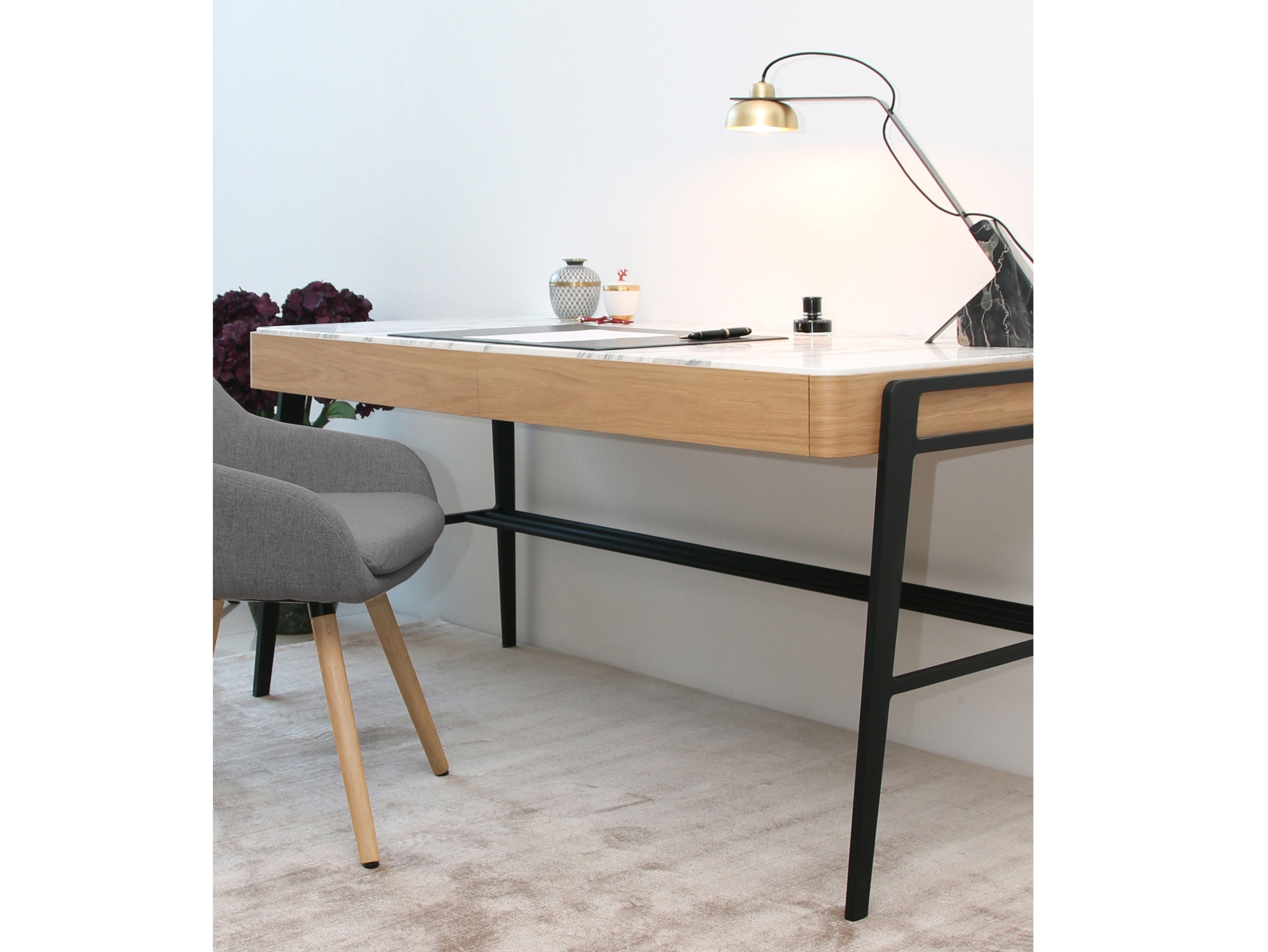 BOUVET ARABESCATO Rectangular wooden and marble desk with drawers By ...