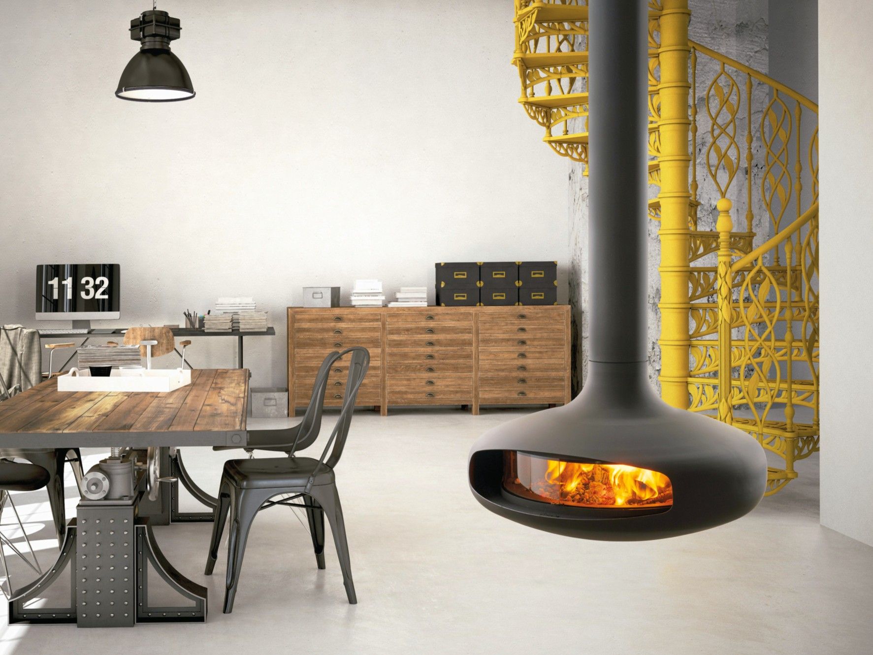 DOMOFOCUS VETRATO Caminetto sospeso a legna in acciaio By Focus creation | design Dominique Imbert