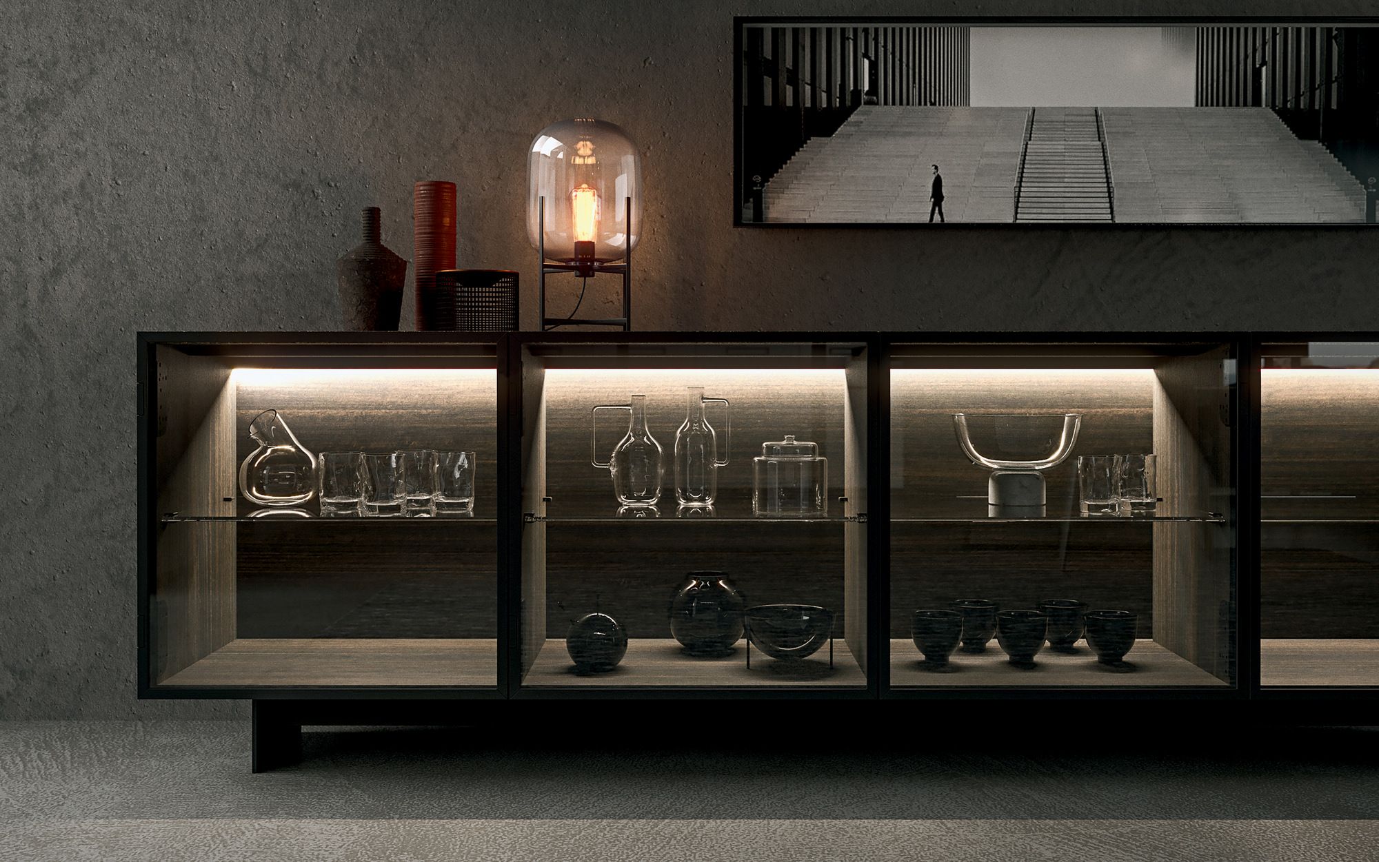 Wood and glass sideboard with integrated lighting FLOAT MH6 Collection ...