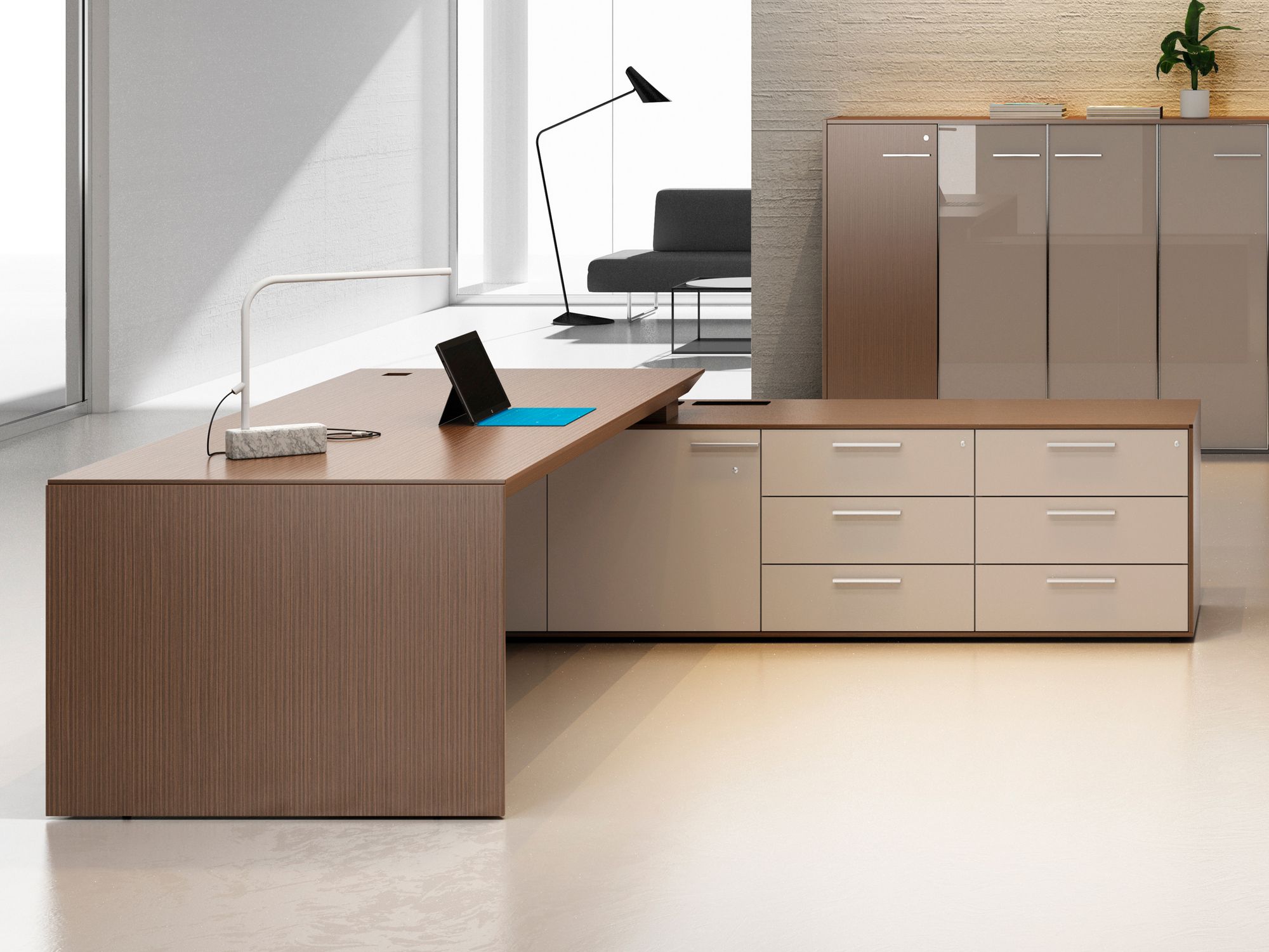 IDENTITY Sectional L-shaped wooden office desk with drawers By Styloffice
