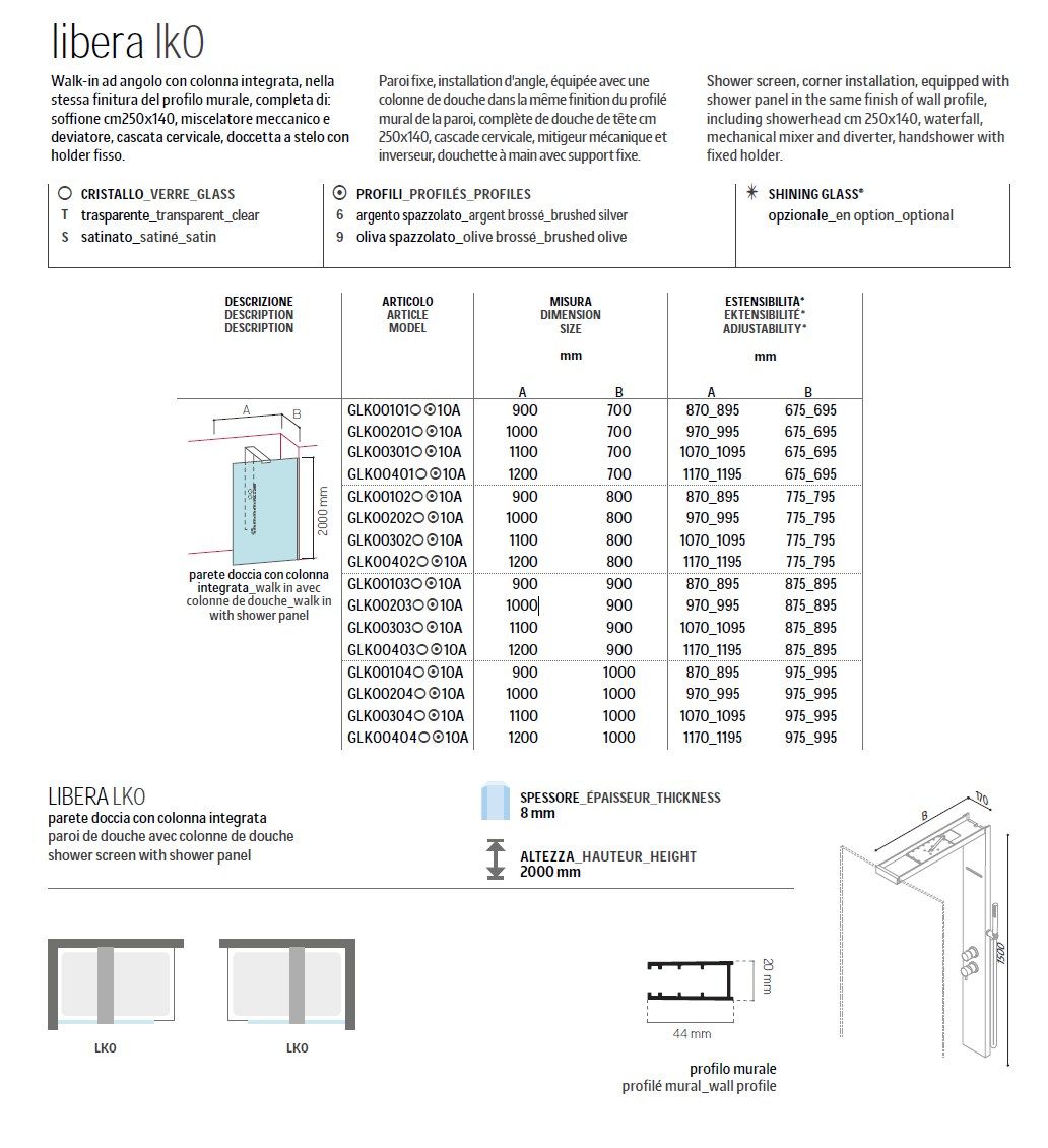 Doccia walk-in in cristallo LIBERA LK0 Collezione Showering By Glass1989