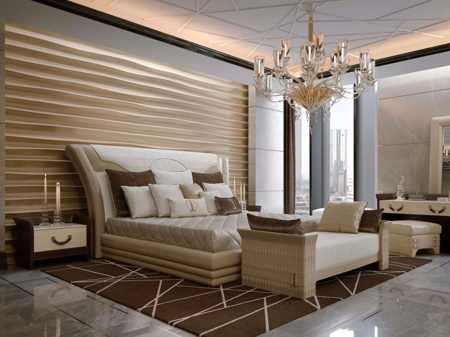 NUMERO TRE Leather double bed with upholstered headboard By Turri