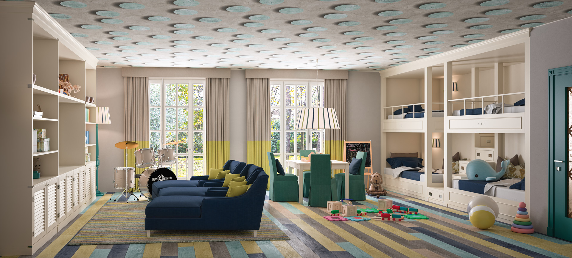 Block of bunk beds with TV and play area PLAYROOM Via Montenapoleone ...