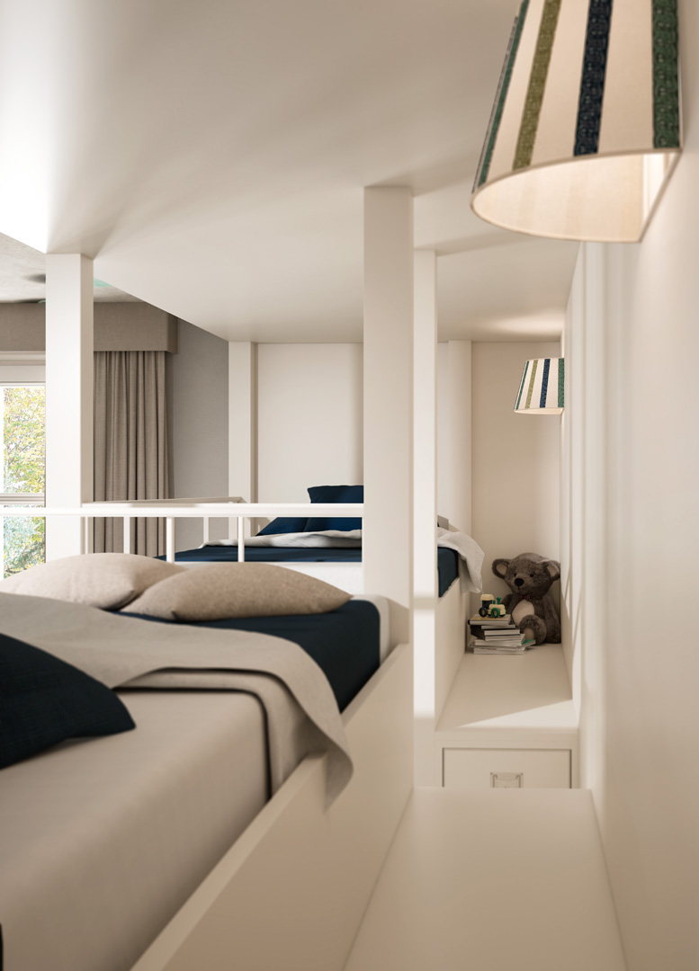 Block of bunk beds with TV and play area PLAYROOM Via Montenapoleone ...