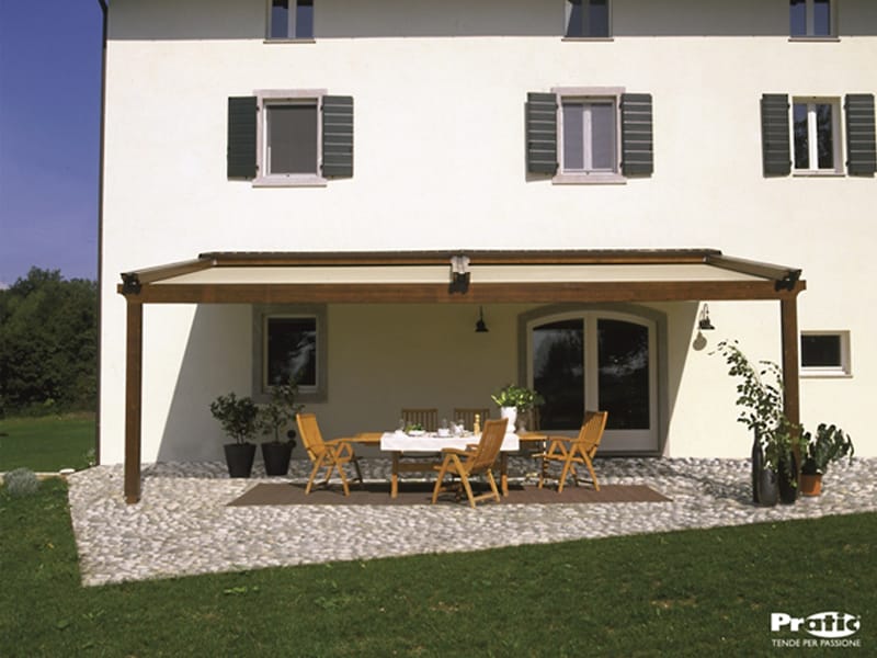 Wooden pergola with sliding cover TECNIC WOOD By PRATIC F.lli ORIOLI
