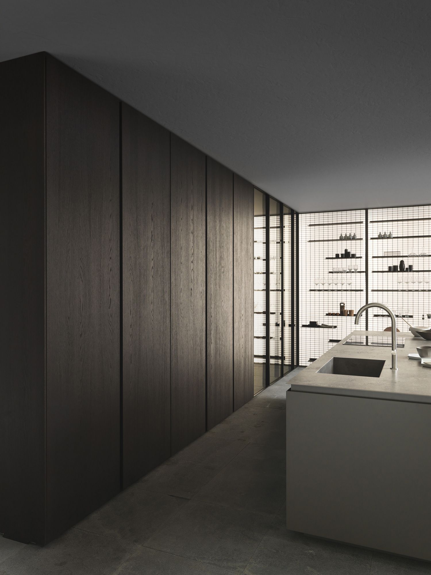 SKILL Linear wood veneer kitchen with island and gres top By MODULNOVA ...