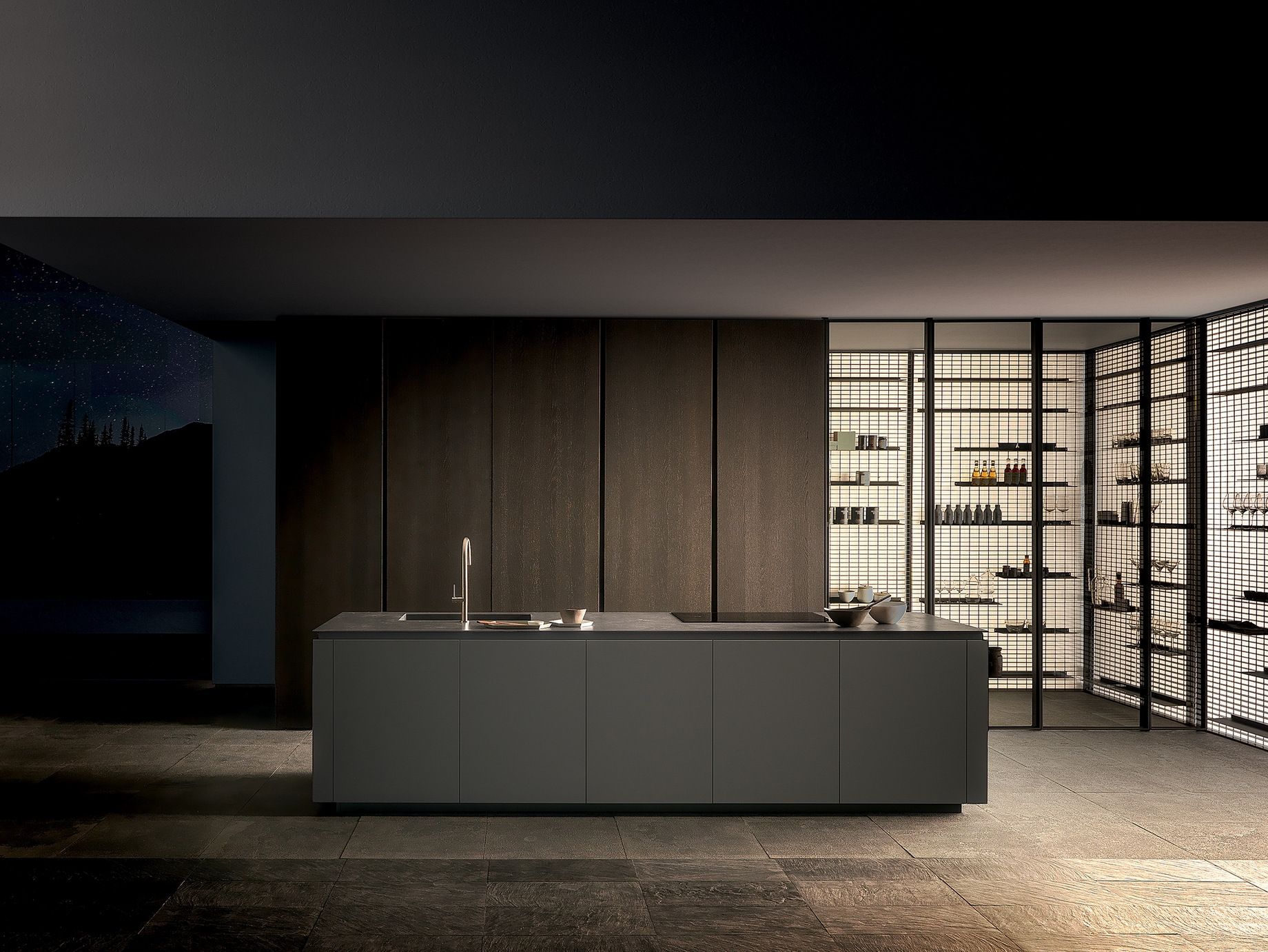 SKILL Linear wood veneer kitchen with island and gres top By MODULNOVA ...