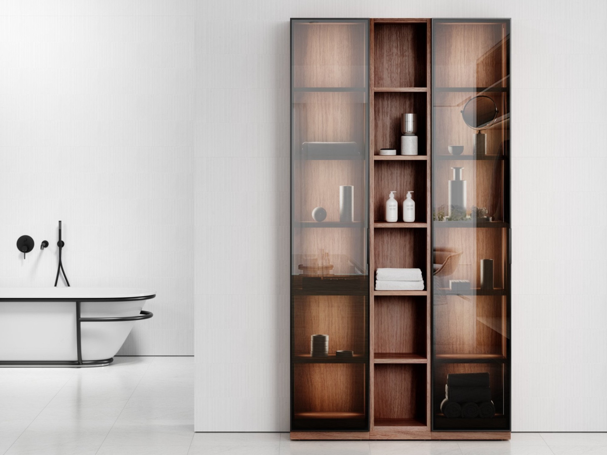 ZOTTO Wood and glass display cabinet with integrated lighting By LUSSO